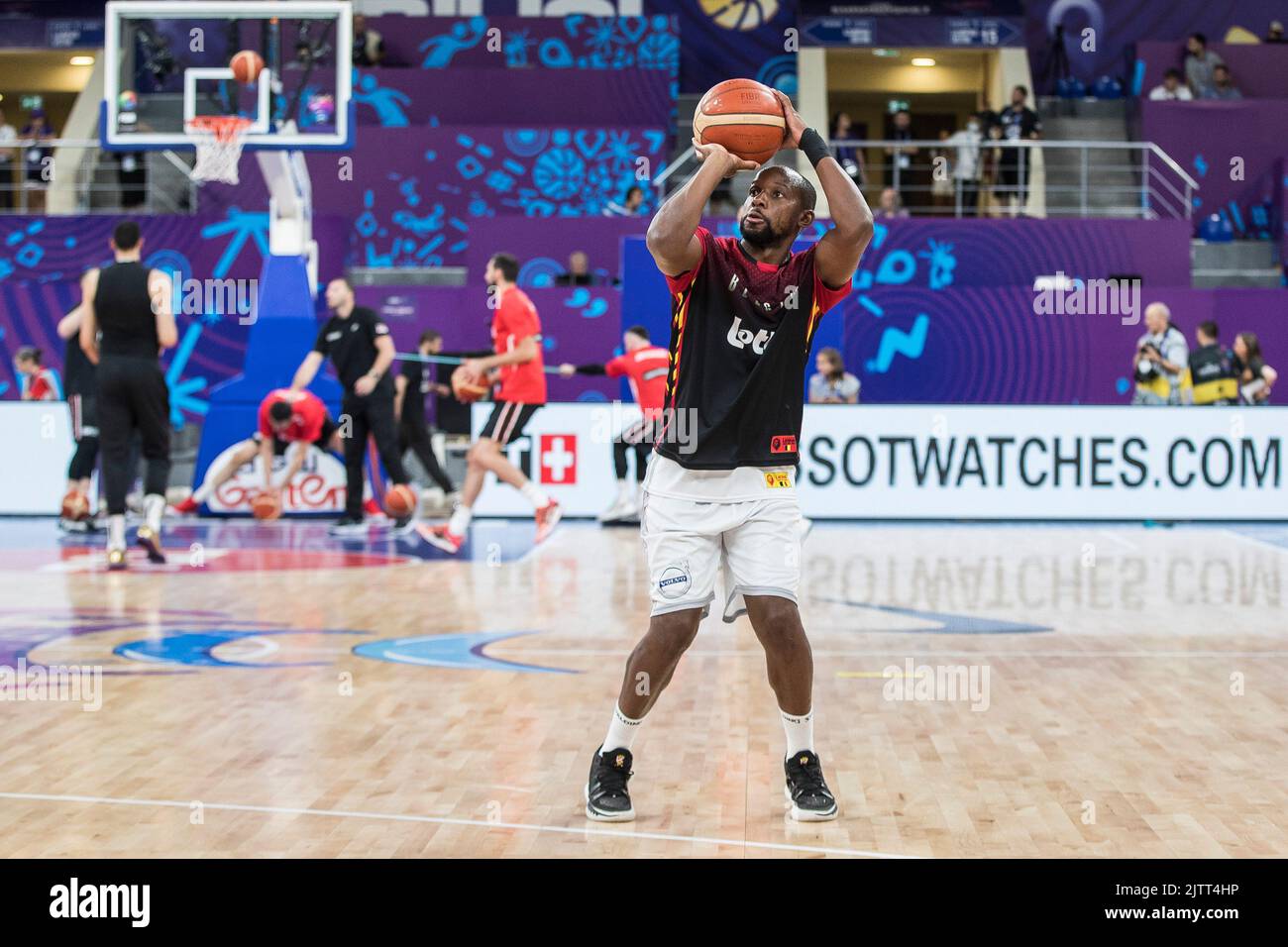 Belgium's Jonathan Tabu pictured at the warm up ahead of the match ...