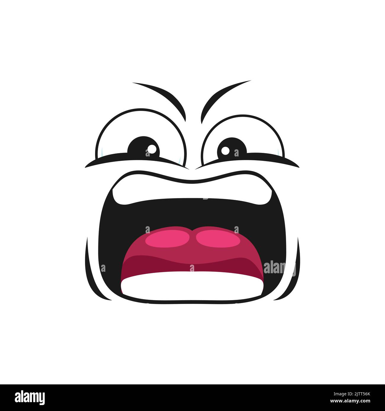 Cartoon angry face vector yelling emoji with mad eyes and yell mouth. Aggressive comic face with ...