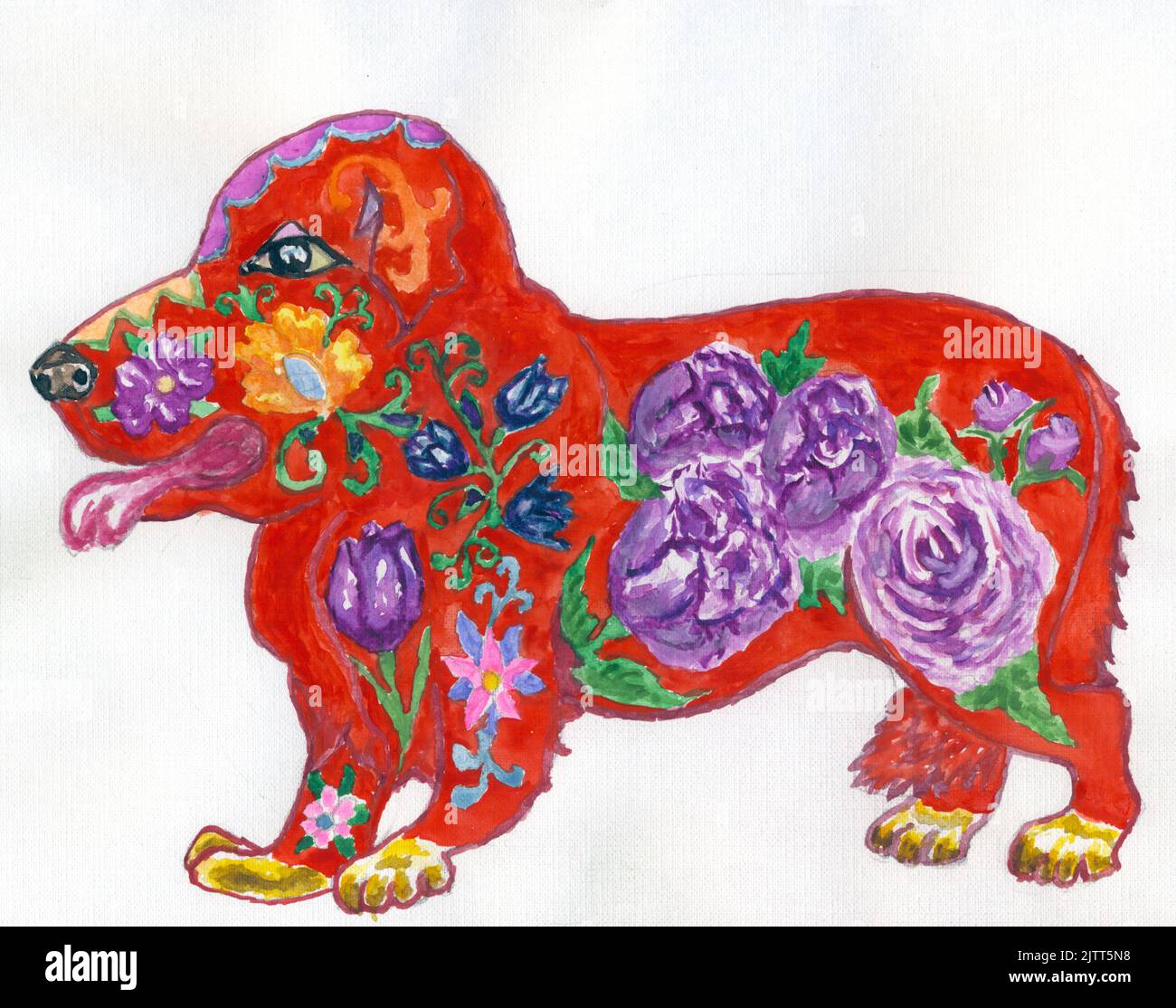 Red dog with flowers decor hand drawn illustration Stock Photo - Alamy