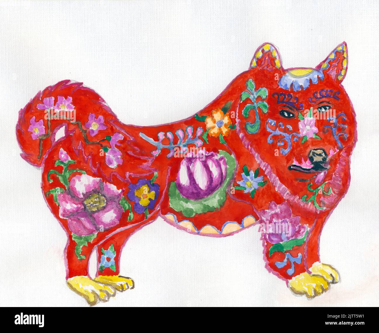 Red dog with flowers decor hand drawn illustration Stock Photo - Alamy