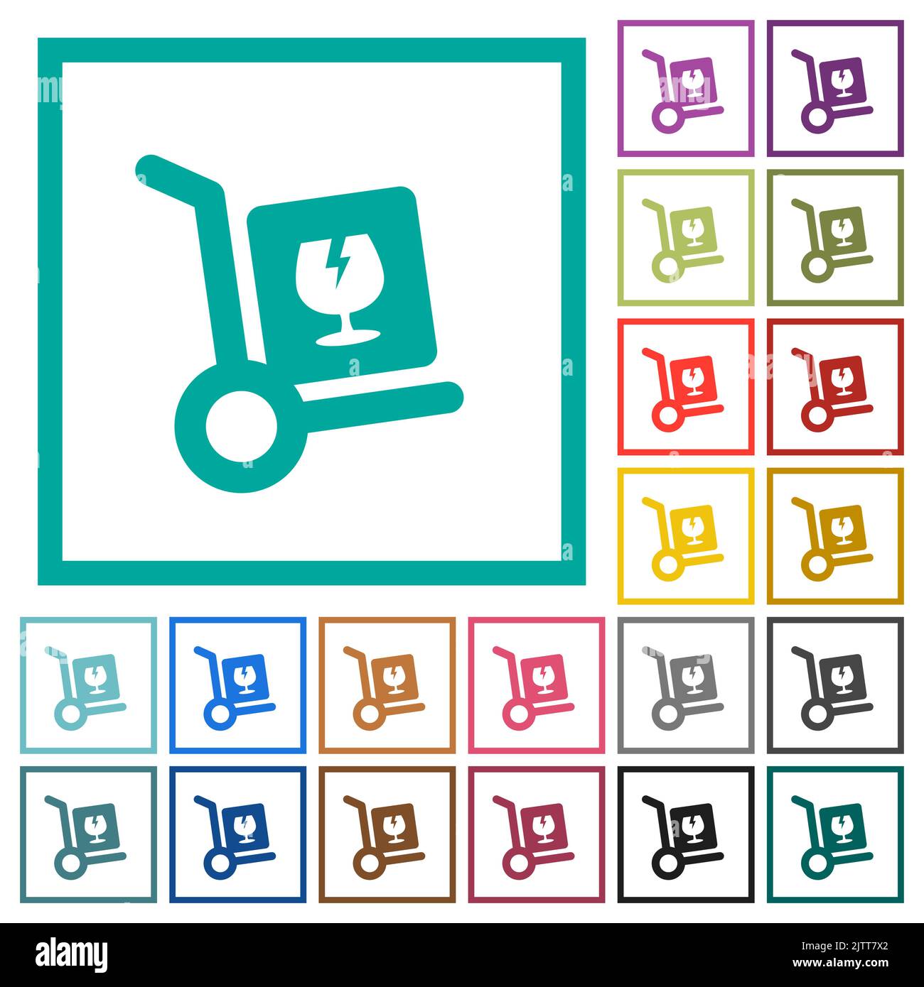 Fragile parcel delivery solid flat color icons with quadrant frames on ...