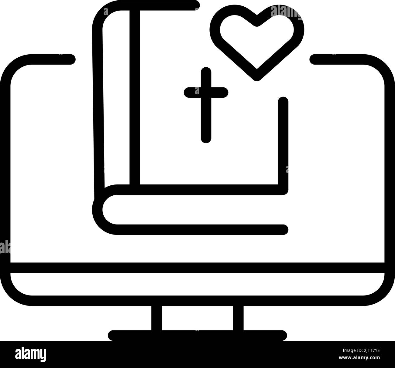 Monitor with Holy Bible and heart outline logo. Computer line vector icon. linear style sign for ...