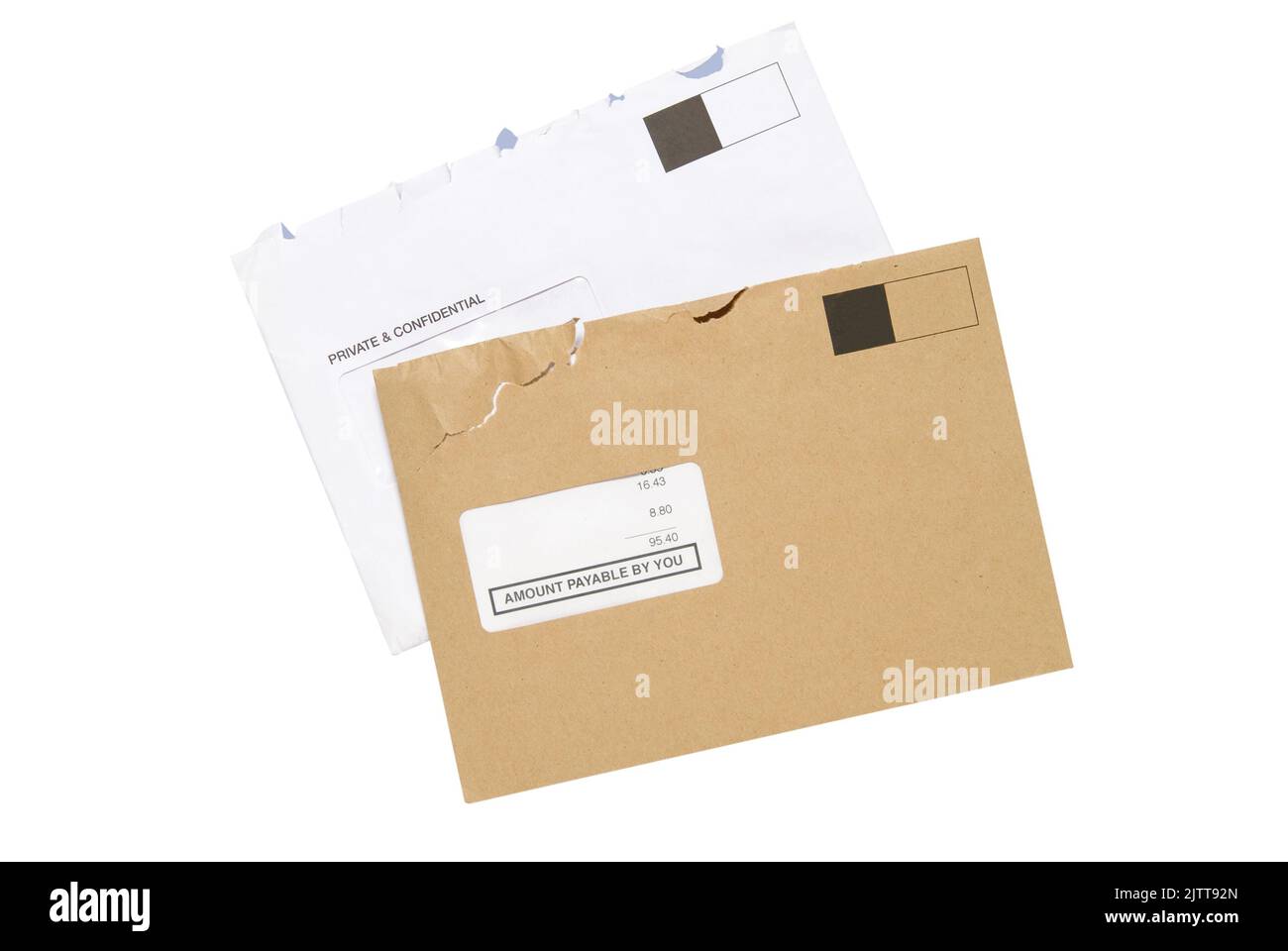 Two envelopes brown and white containing bills isolated with path cut ...