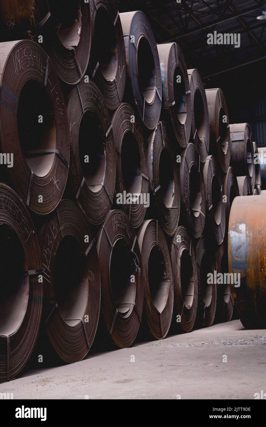 A vertical display of domestic crude steels in a factory set up Stock ...