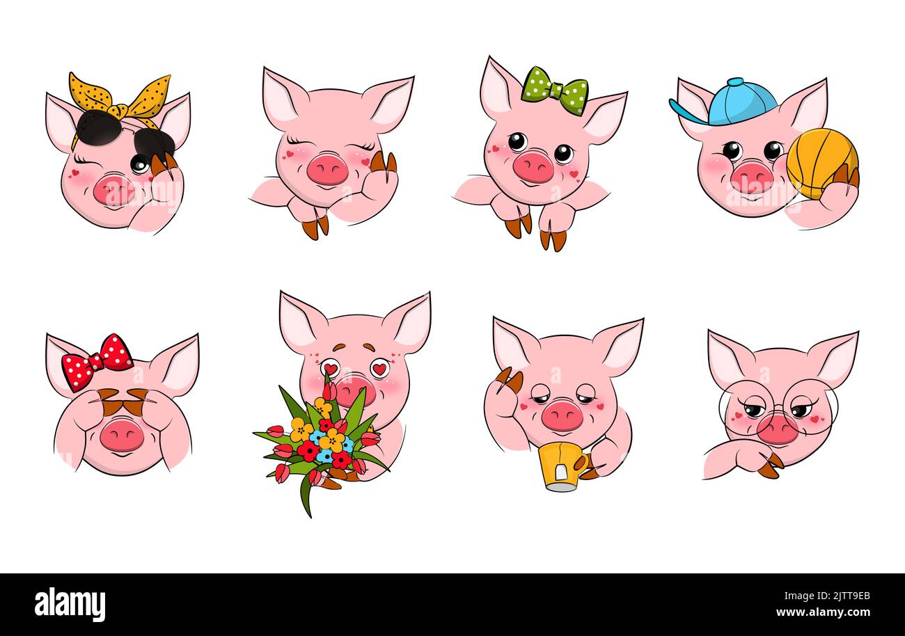 Cute funny pig faces expressions set. Vector illustration Stock Vector ...