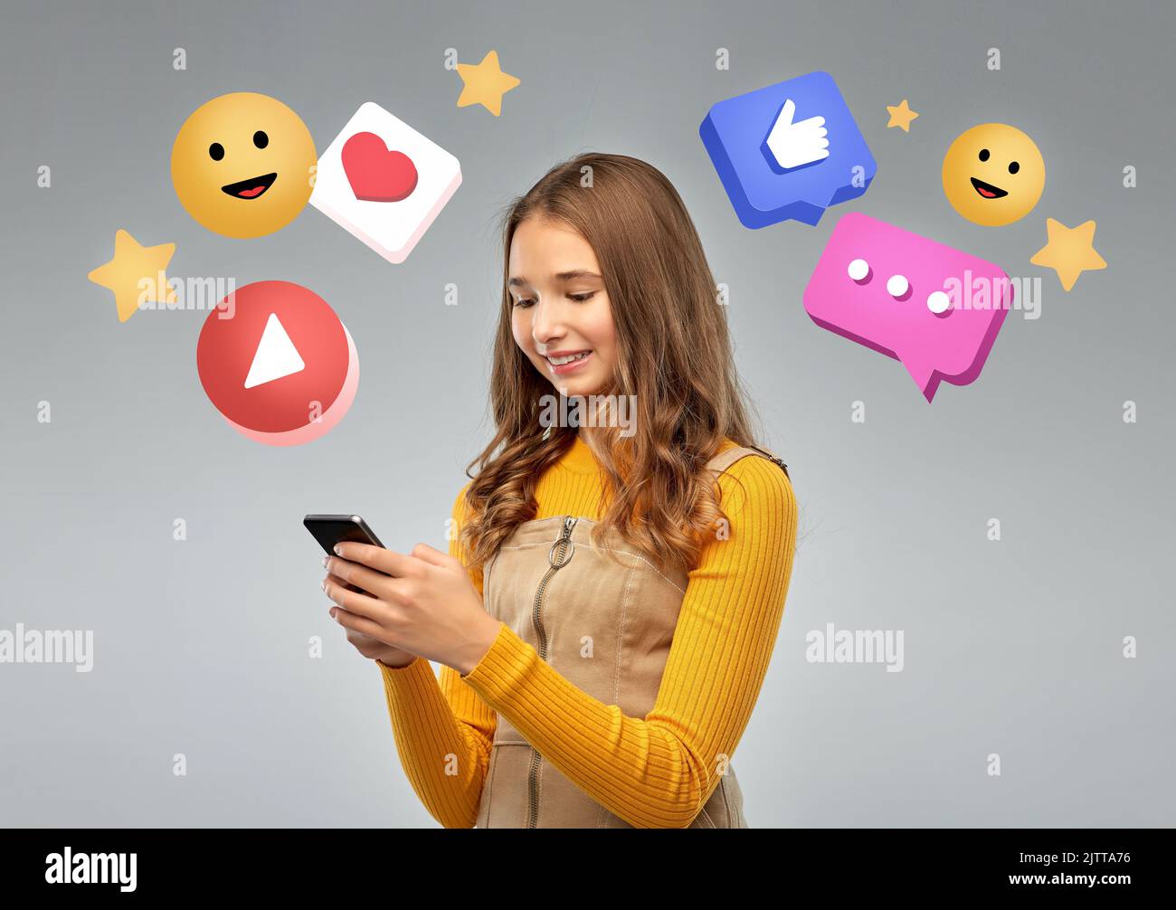 teenage girl with smartphone and internet icons Stock Photo - Alamy