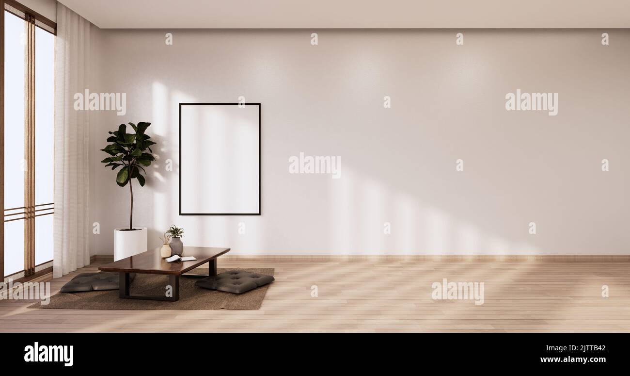 Zen room interior wooden wall on tatami mat floor, low table and ...