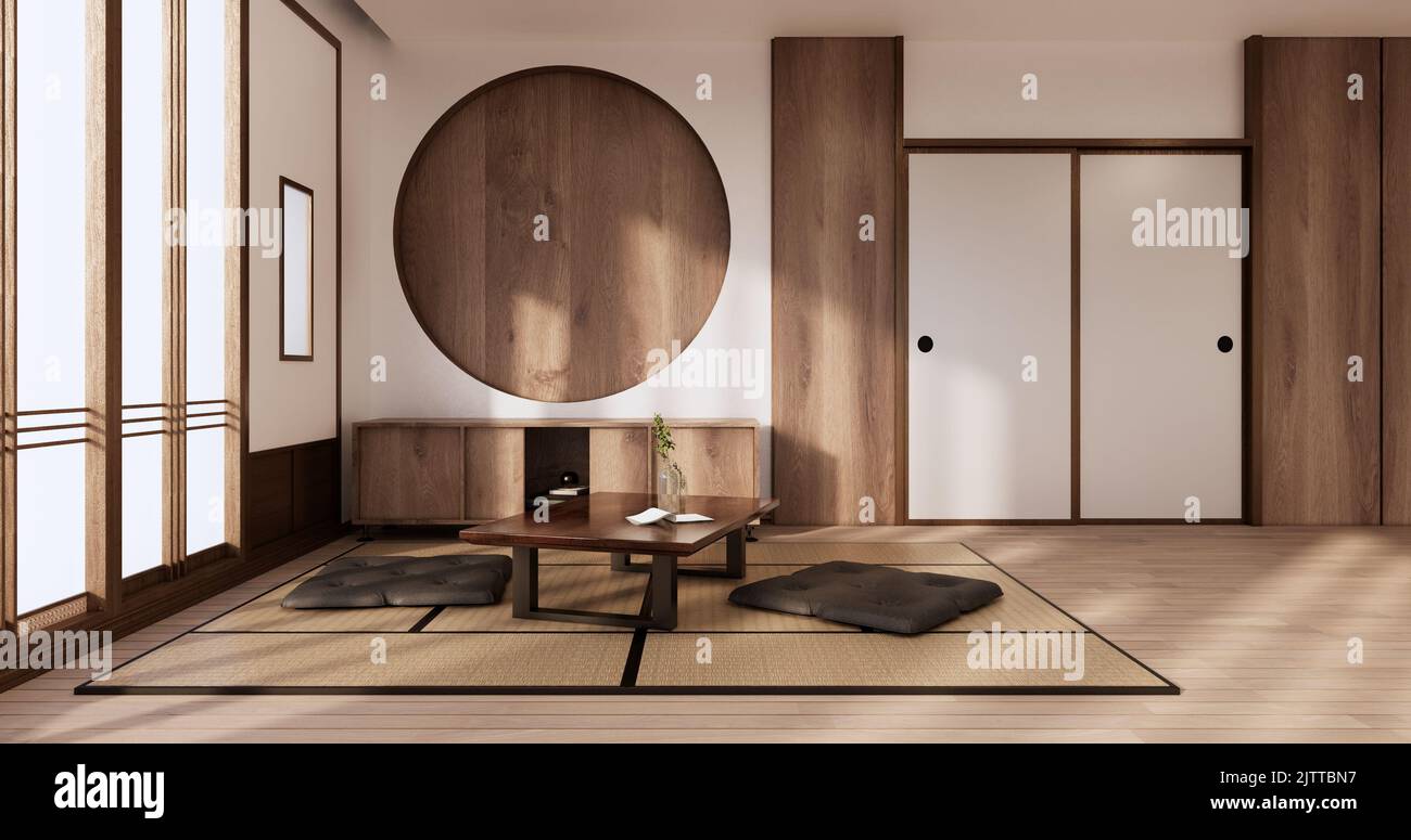 Zen room interior wooden wall on tatami mat floor, low table and ...