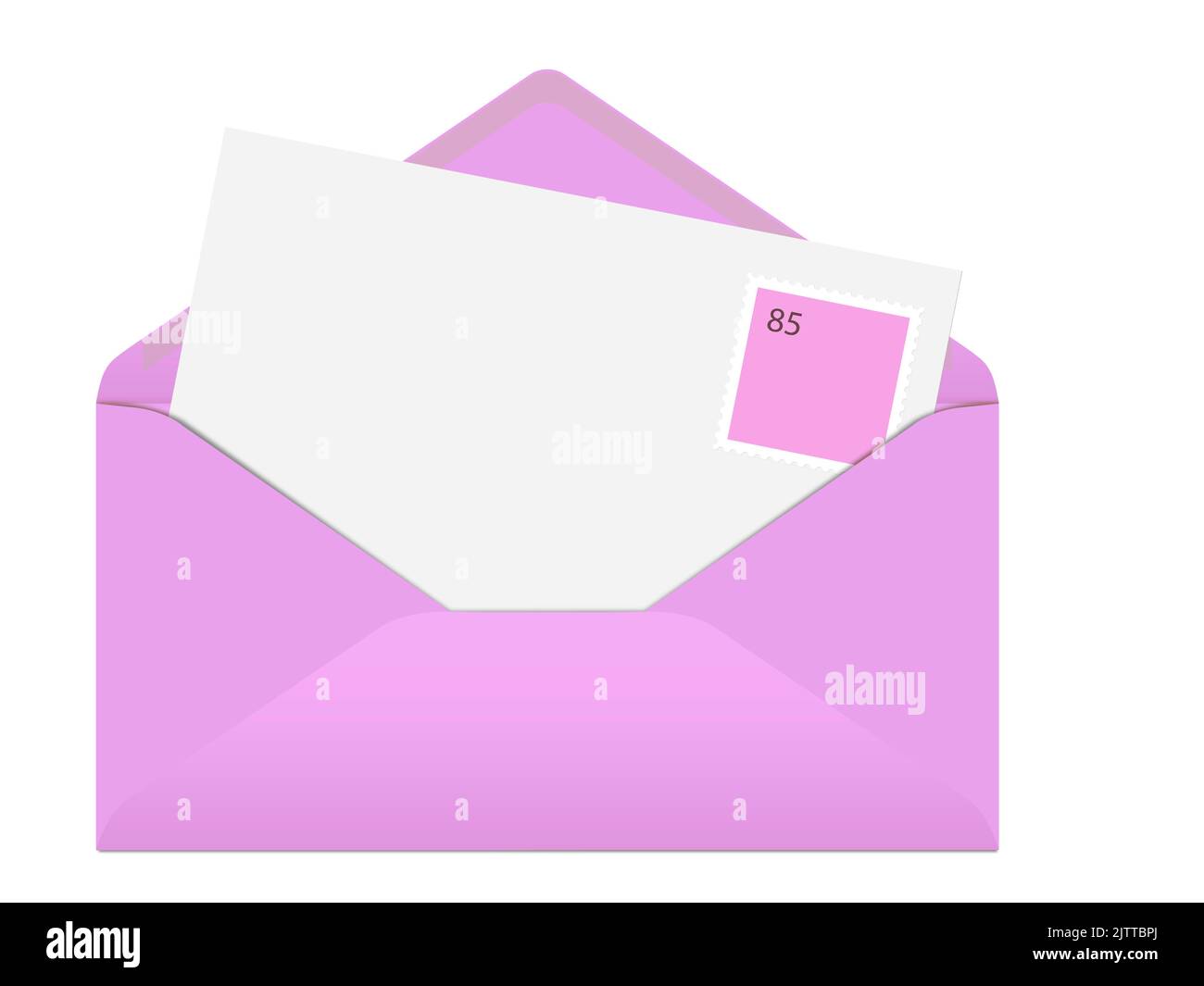 Envelope with blank card and postage stamp against white background ...