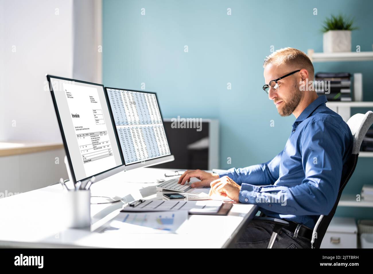 Bookkeeper Accountant Calculating Tax Invoice On Office Computer Stock ...