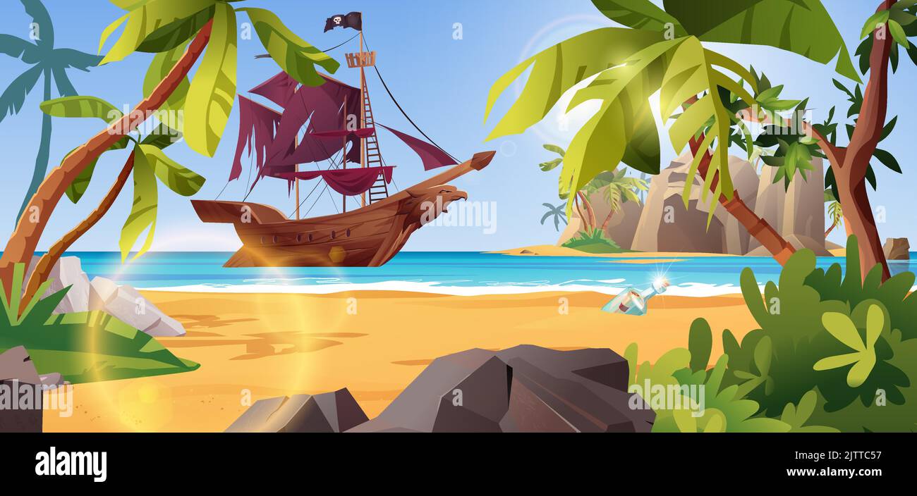 Pirate ship near the island. Palm trees, stones, sea or ocean, bushes ...