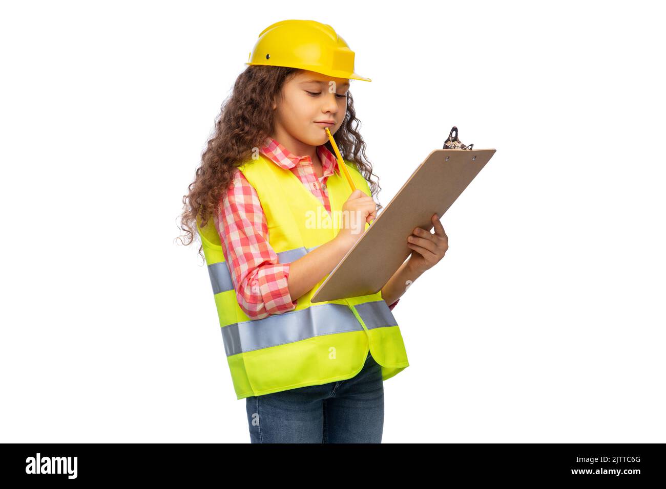 little builder girl with clipboard and pencil Stock Photo - Alamy
