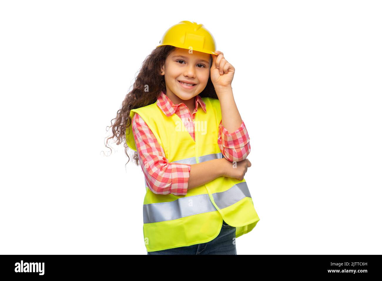 little girl in construction helmet and safety vest Stock Photo - Alamy