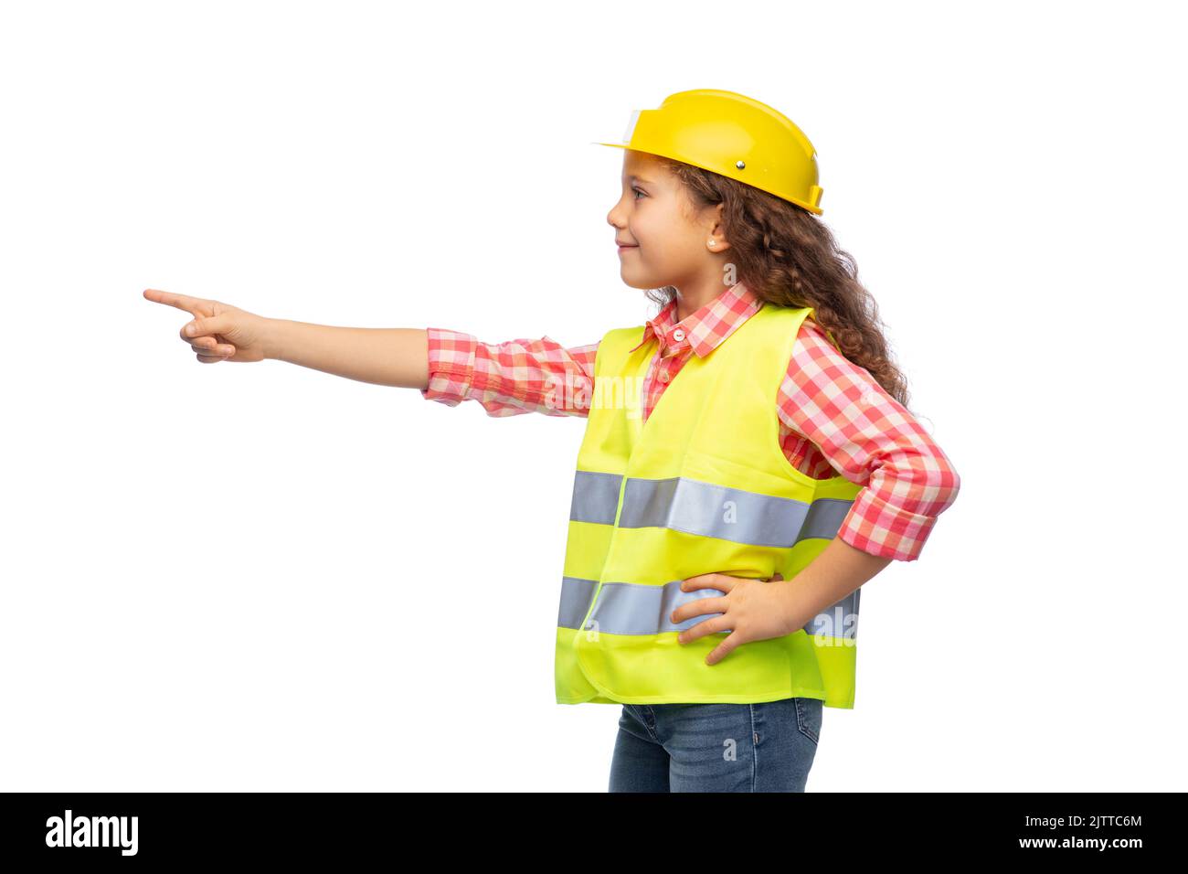 little girl in construction helmet and safety vest Stock Photo - Alamy