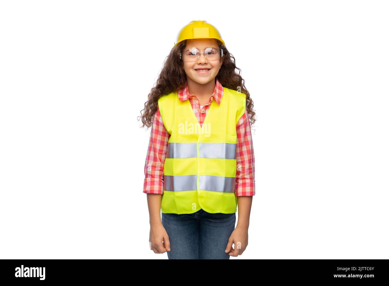 little girl in construction helmet and safety vest Stock Photo - Alamy