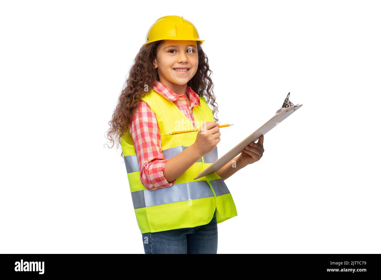 little builder girl with clipboard and pencil Stock Photo - Alamy