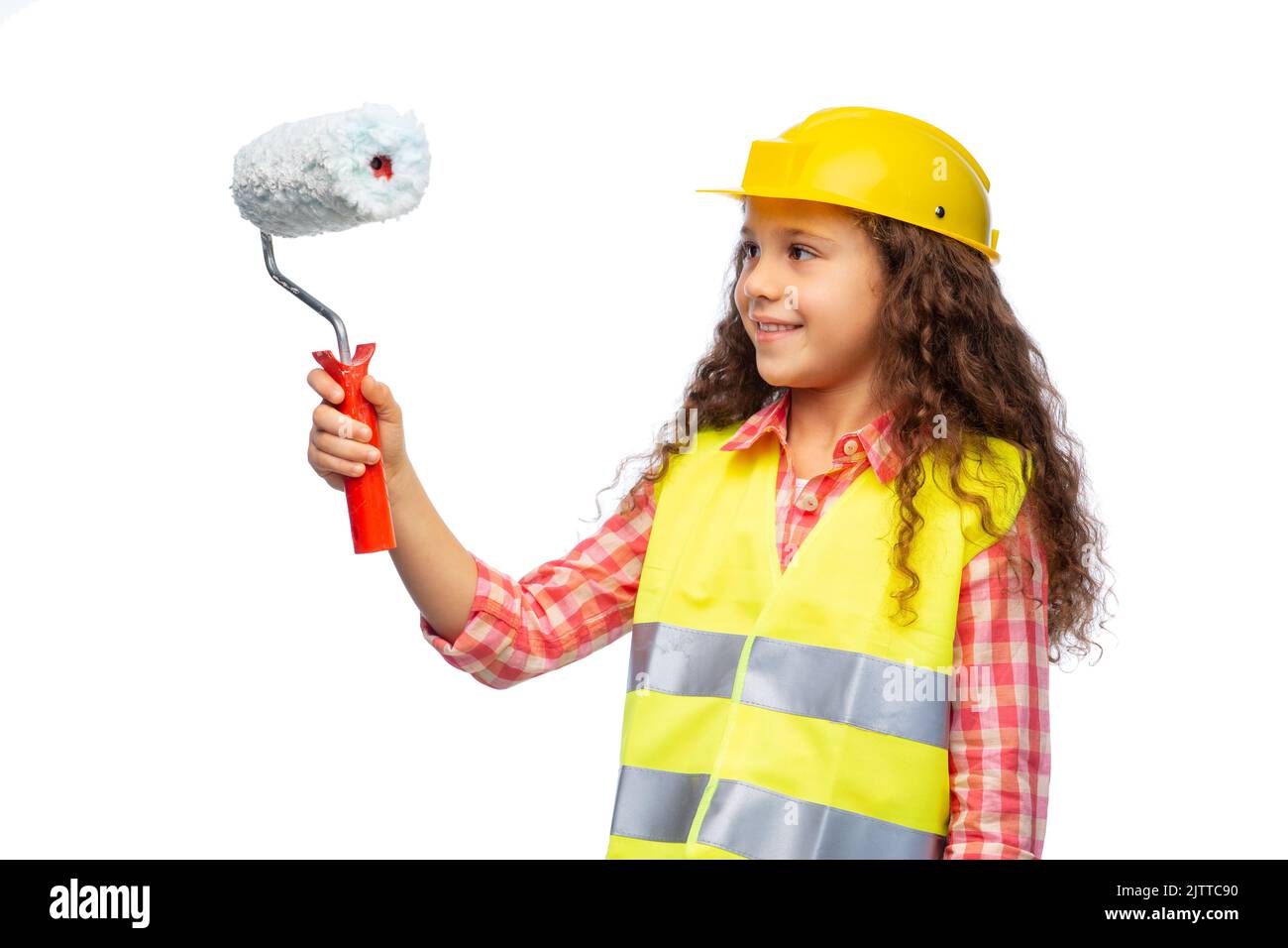 girl in helmet and safety vest with paint roller Stock Photo - Alamy