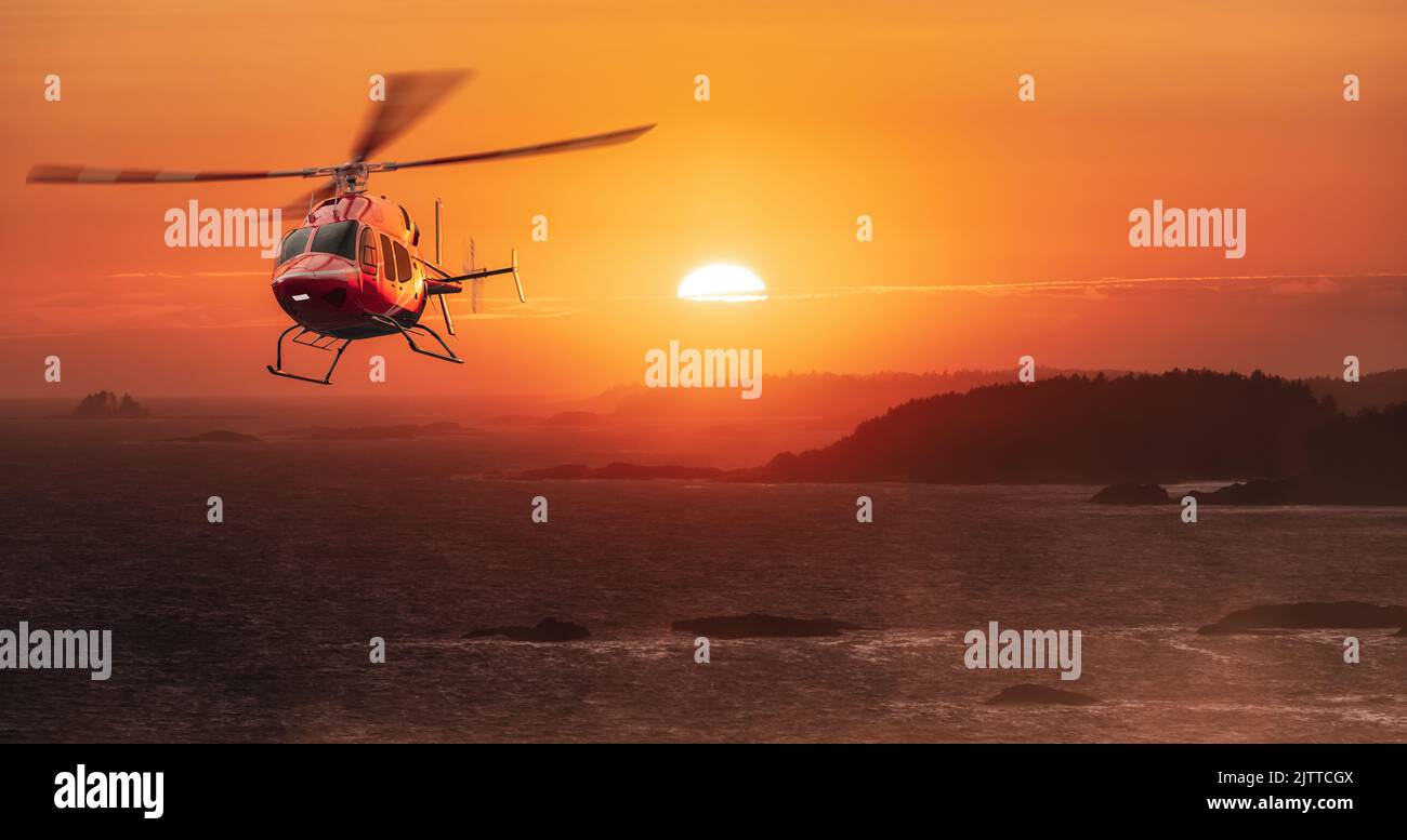 Helicopter Flying over the West Coast Pacific Ocean. Extreme Adventure ...