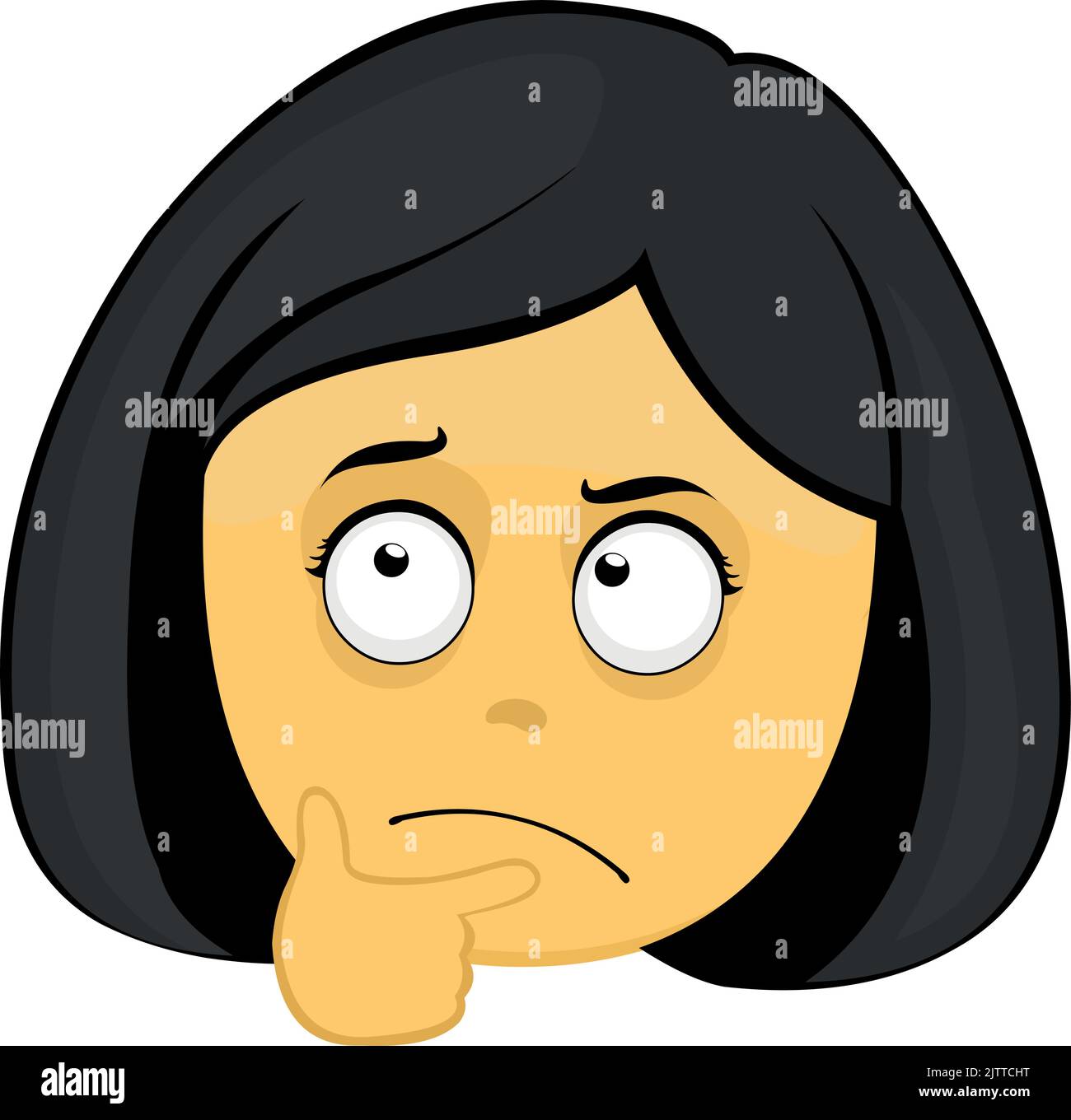 Vector emoticon illustration of a yellow cartoon woman's face with a thinking and doubting ...