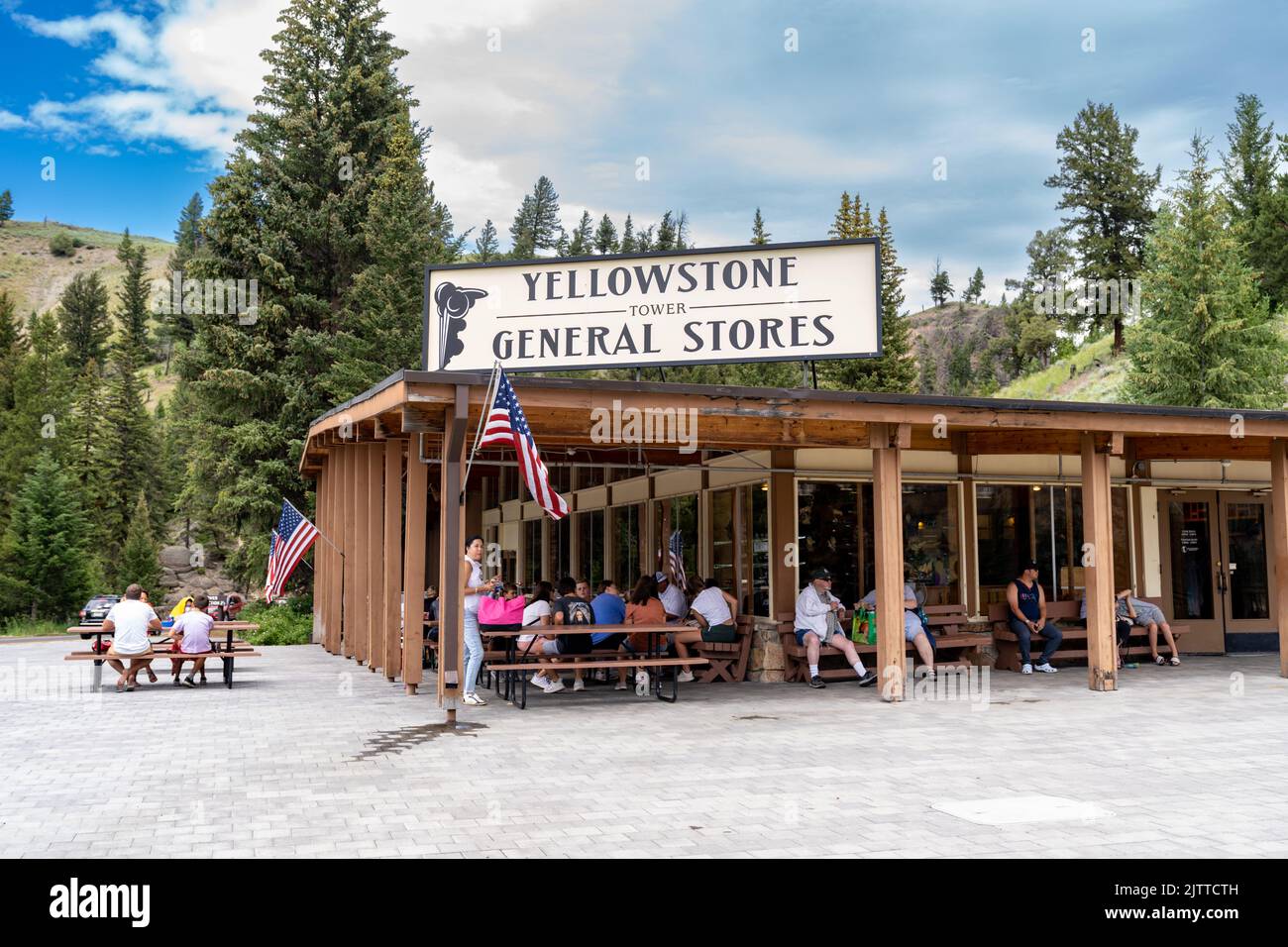 Wyoming, USA - July 18, 2022: People mingle outside of the Yellowstone ...