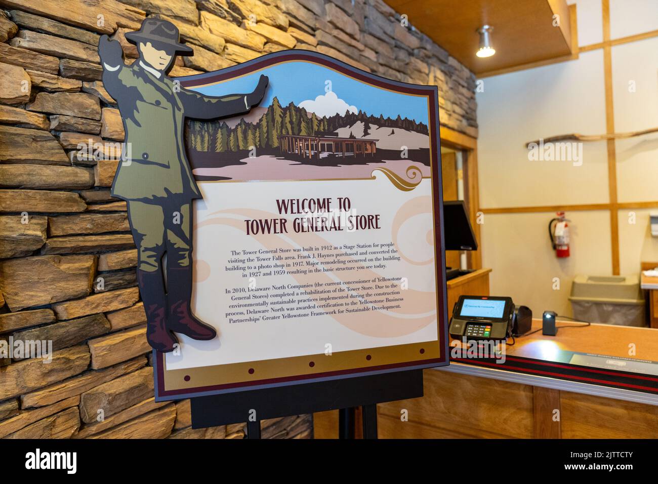 Wyoming, USA - July 18, 2022: Sign about the history of the Yellowstone ...