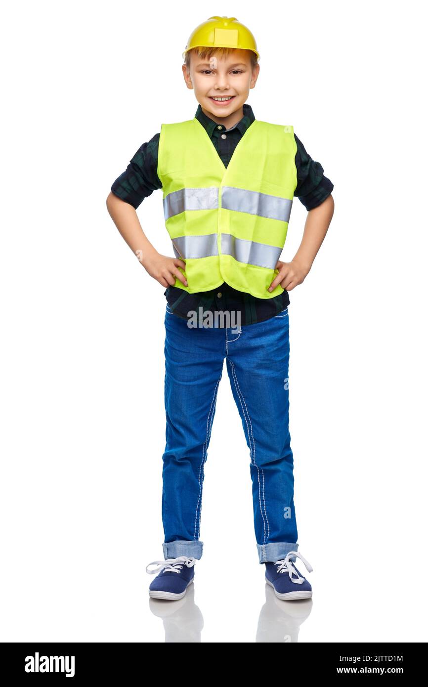 little boy in protective helmet and safety vest Stock Photo - Alamy