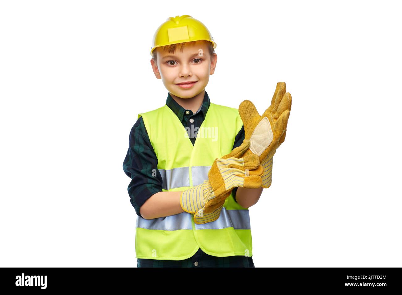 boy in protective helmet, gloves and safety vest Stock Photo - Alamy