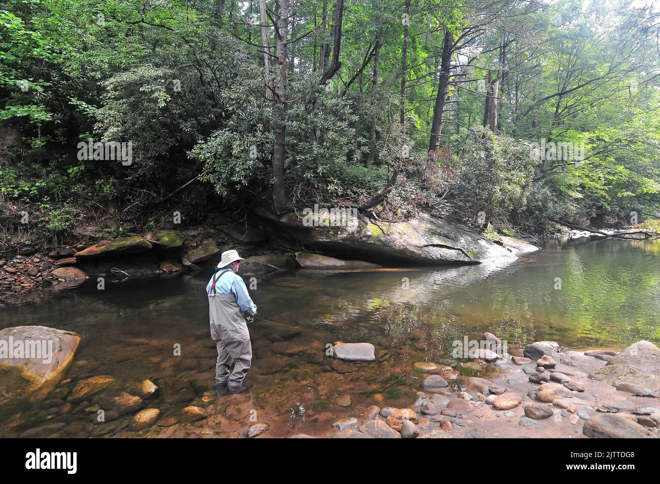 A trout angler works a quiet pool off a quiet river in North Carolina's ...