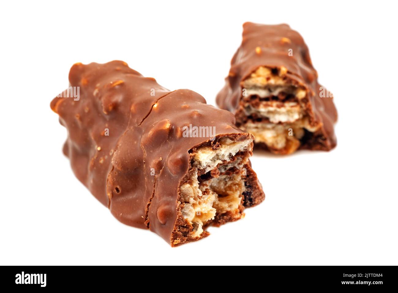 Chocolate waffle bar with nuts on a white background. Chocolate candy ...