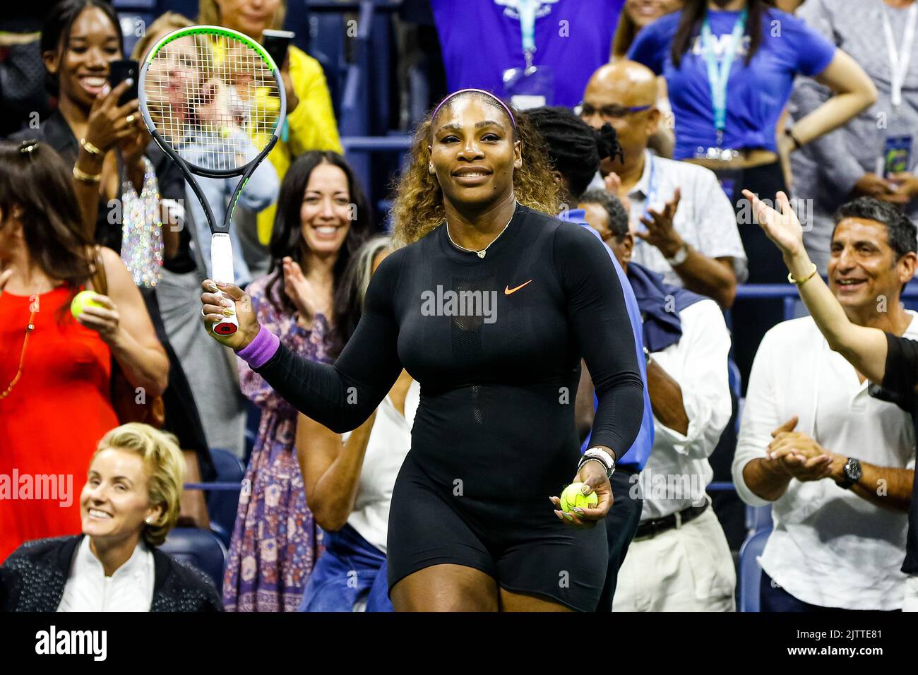 Serena Williams playing against Wang Qiang and setting her 100th US ...