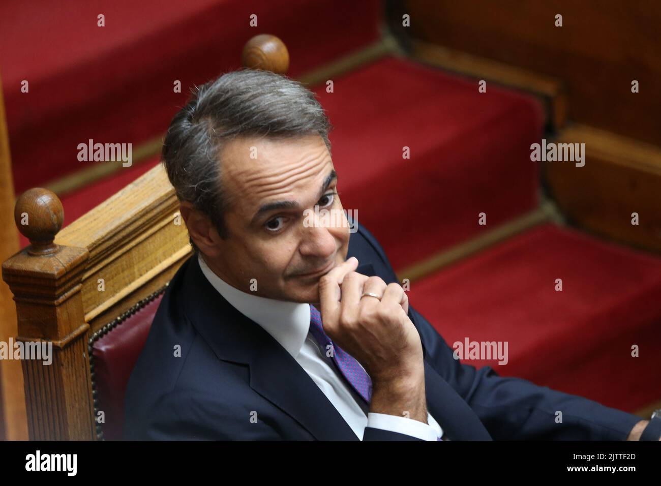 Greek Prime Minister KYRIAKOS MITSOTAKIS speaks in the Greek Parliament ...