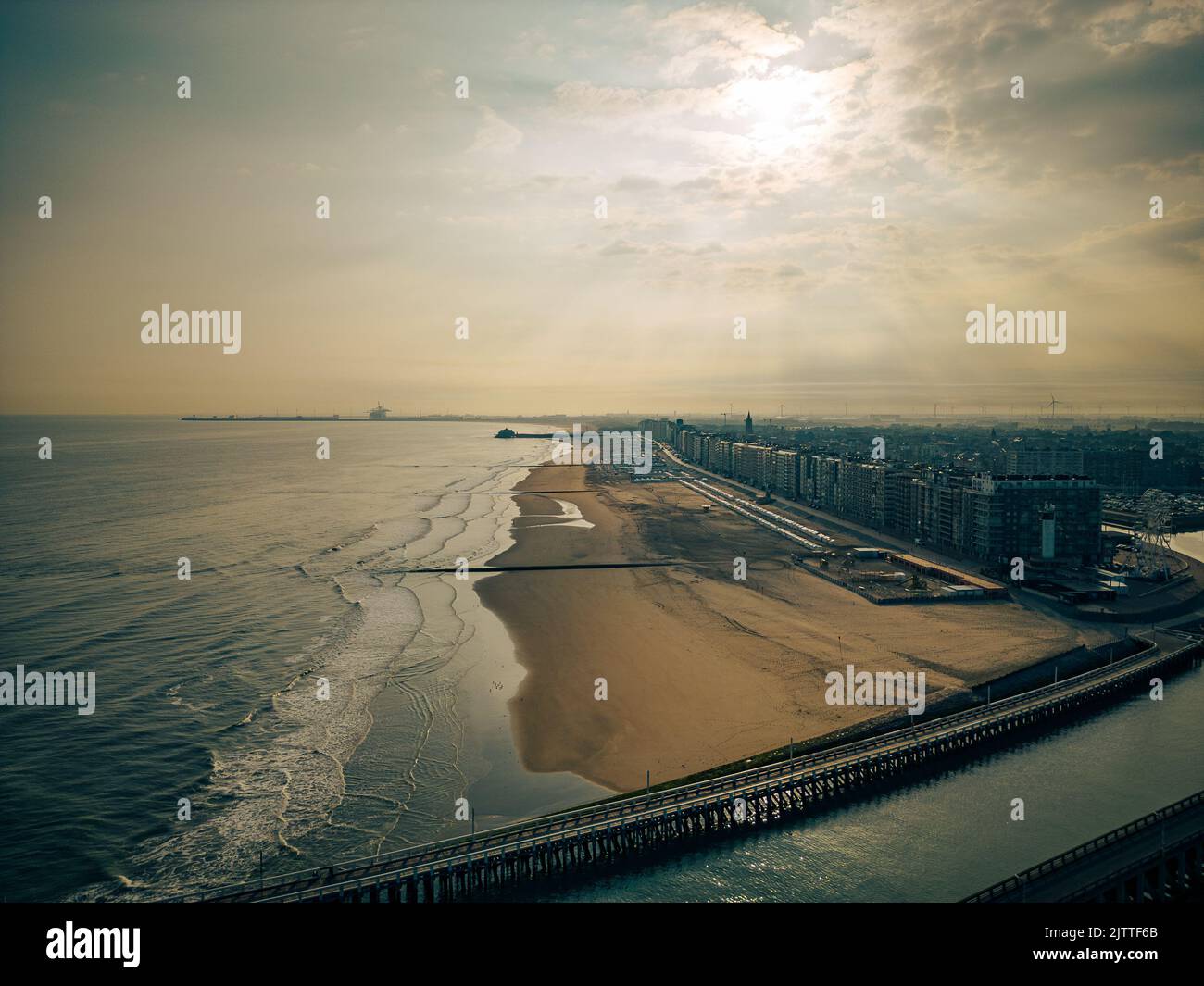 Aerial view of harbour and beach of belgian coast with port and ...