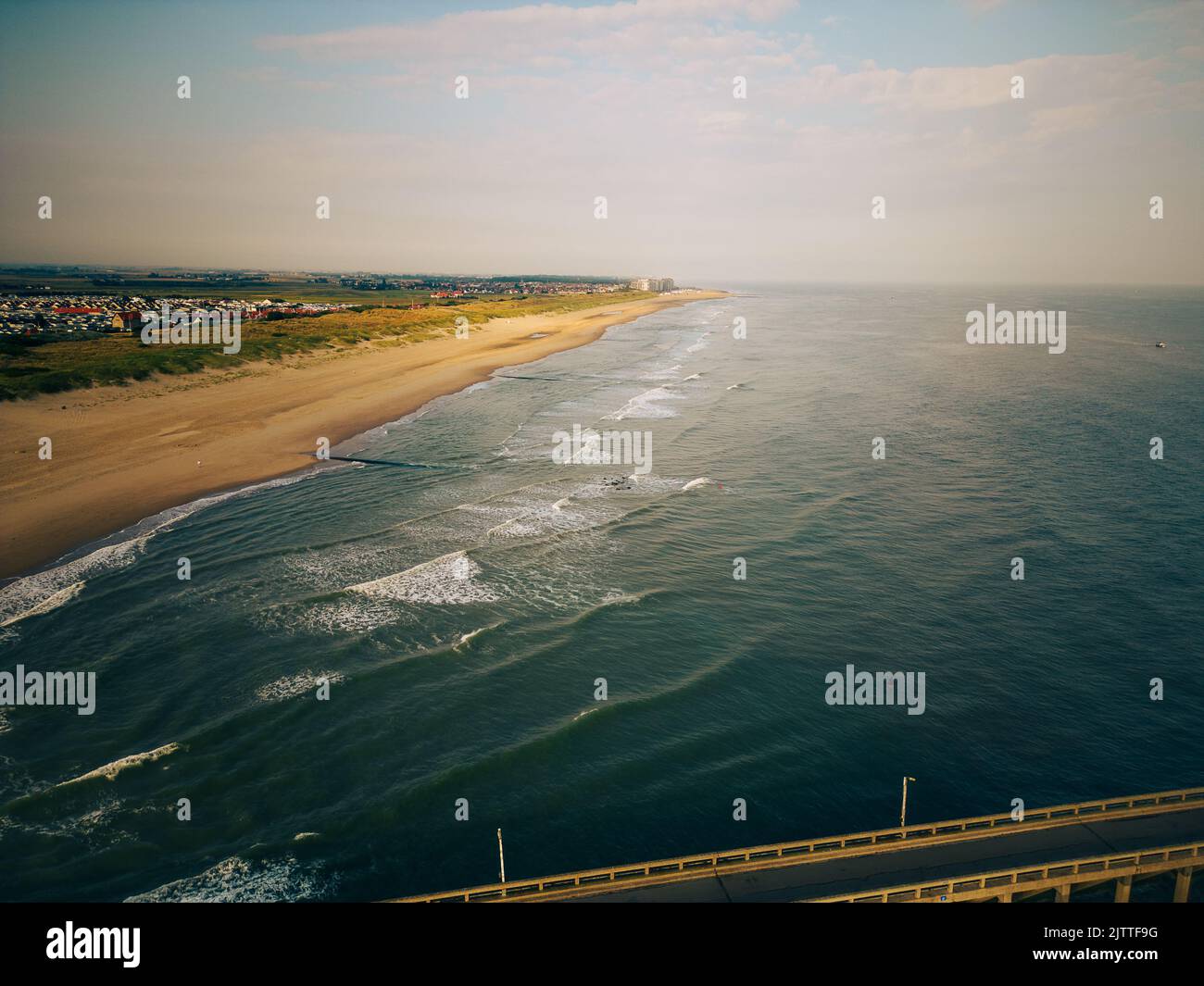 Aerial view of harbour and beach of belgian coast with port and ...