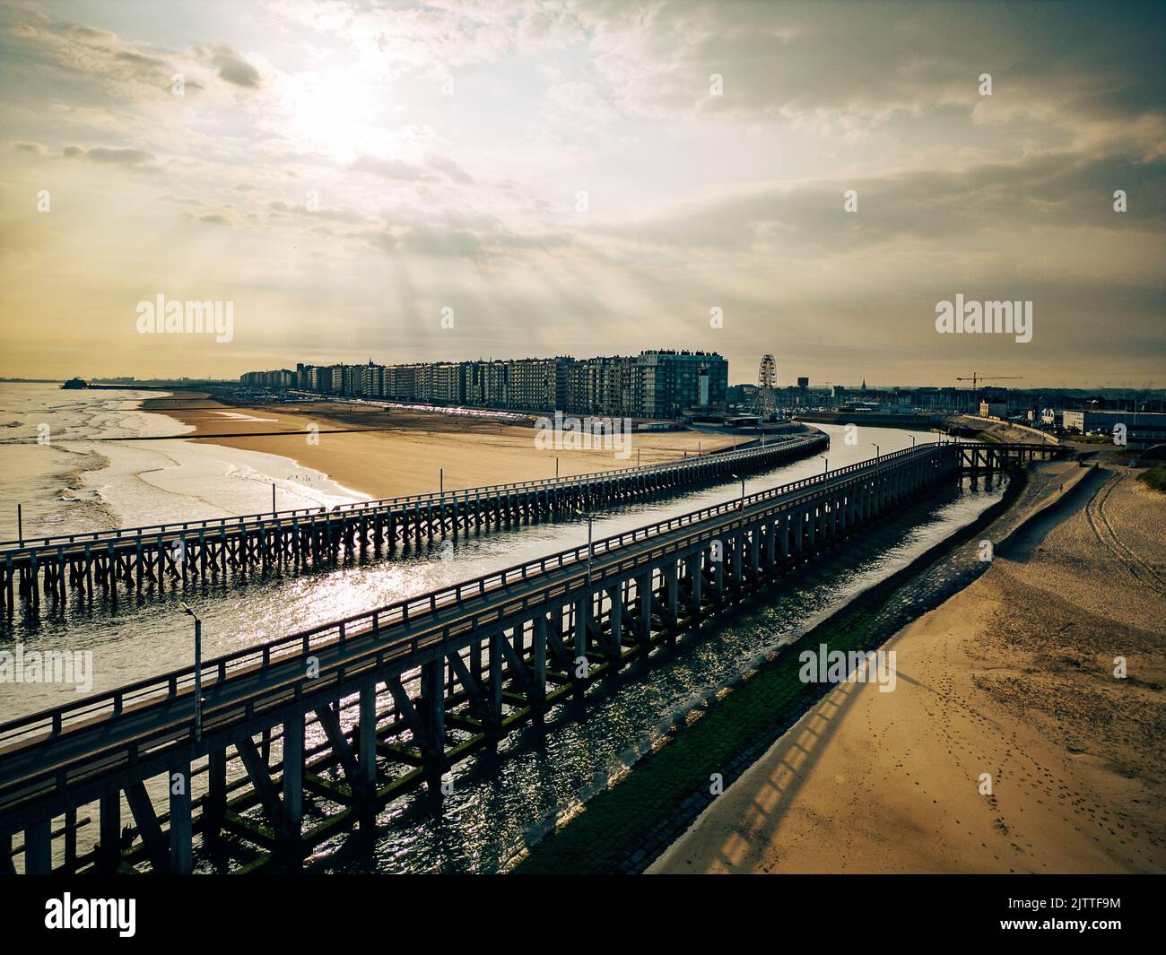 Aerial view of harbour and beach of belgian coast with port and ...