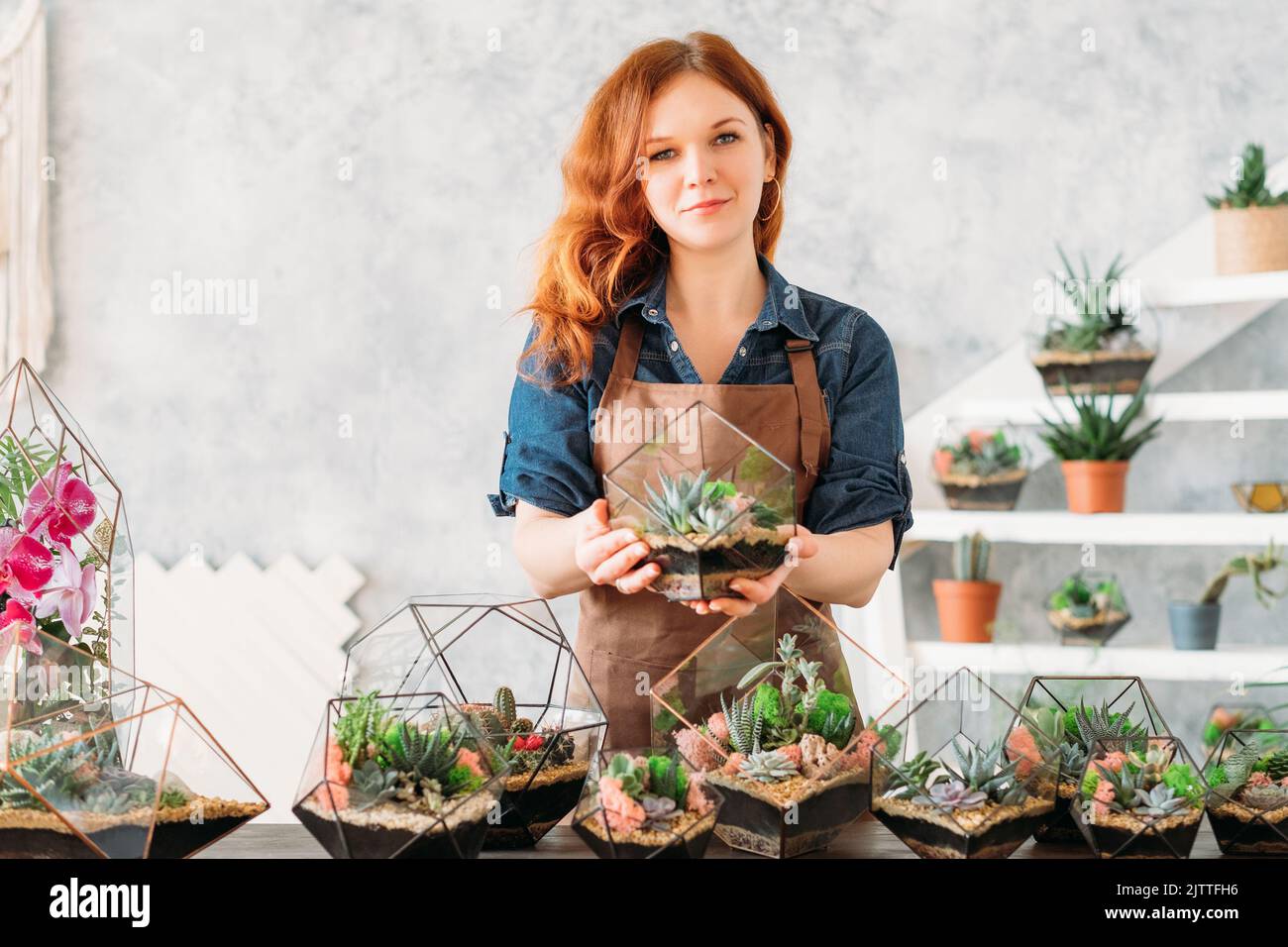 floral interior decor workshop woman succulents Stock Photo - Alamy