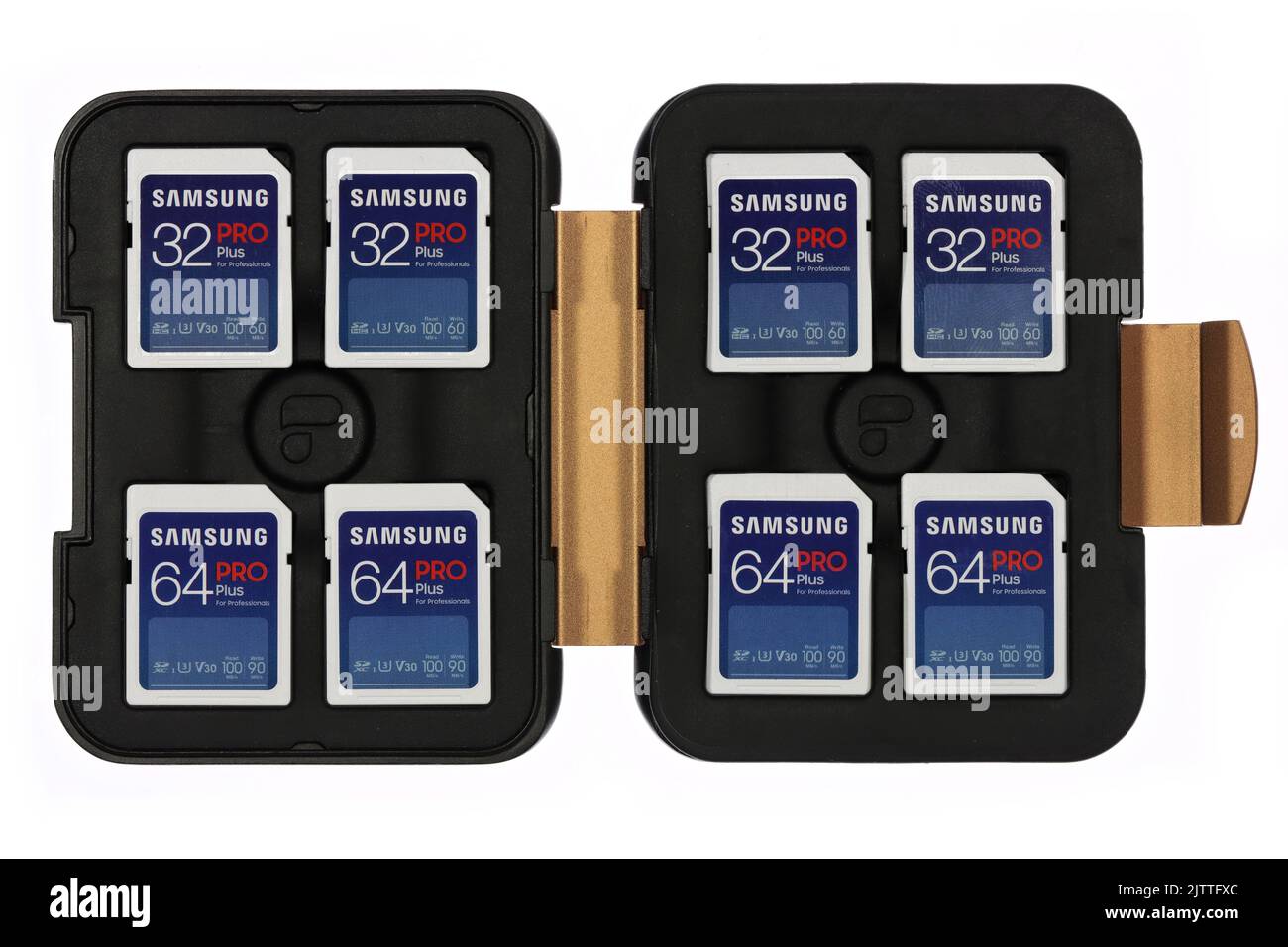 32 and 64 GB Samsung Pro Plus SD cards in PolarPro Slate case isolated ...