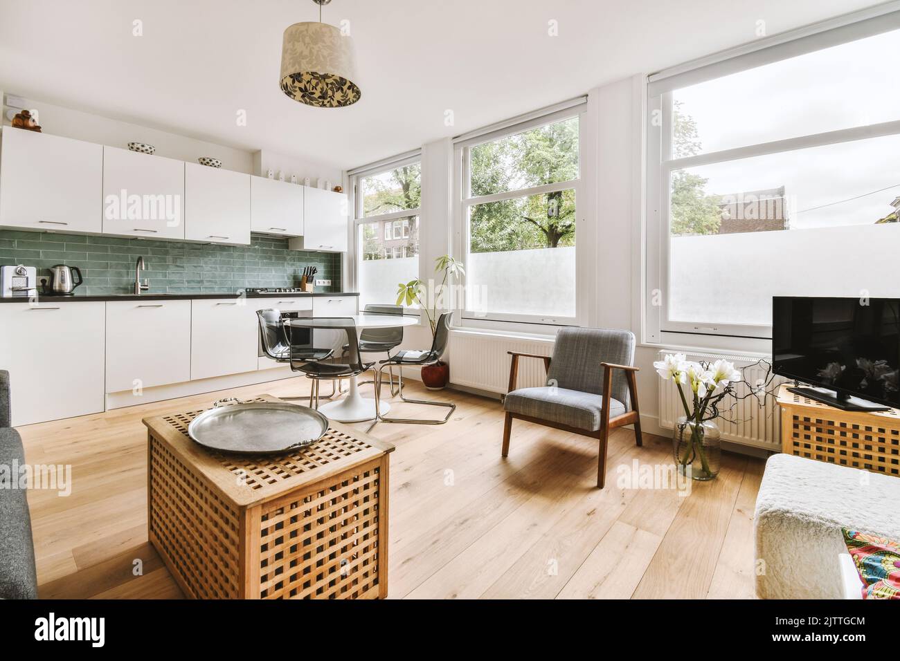 Contemporary minimalist style interior design of light studio apartment ...