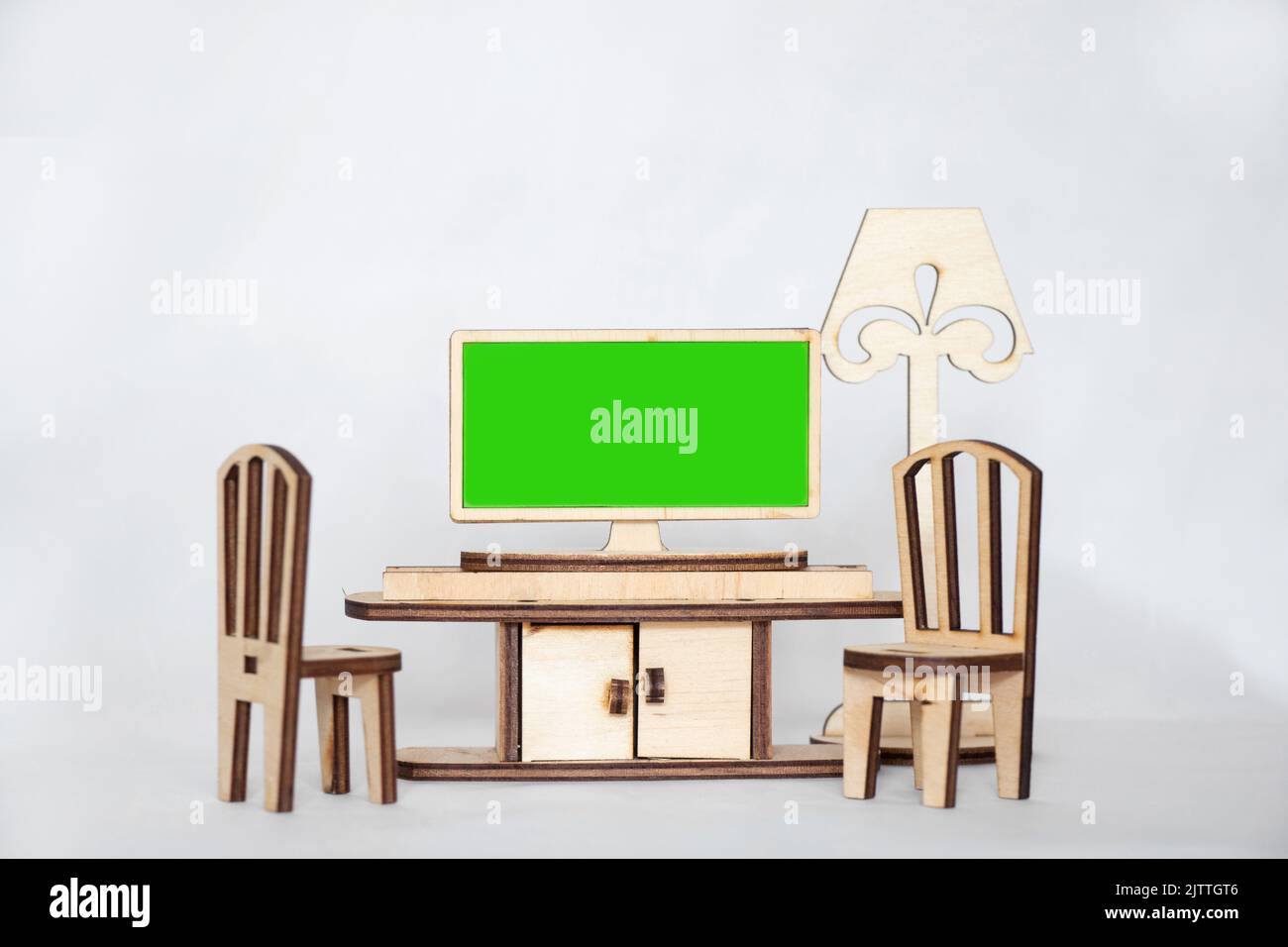 Wooden tv table chair and tembochka with floor lamp on white background ...