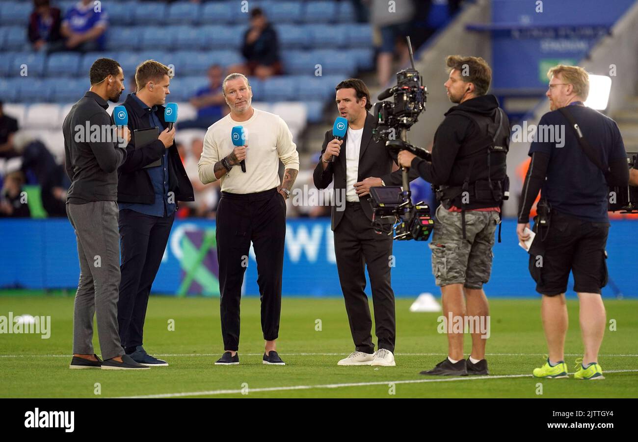 BT Sport presenter Jake Humphrey with pundits Rio Ferdinand, Robbie ...