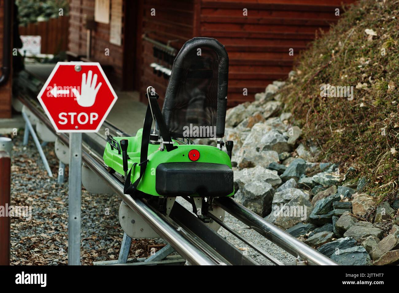 Electric sleigh ride on rails. Stop hand sign Stock Photo - Alamy