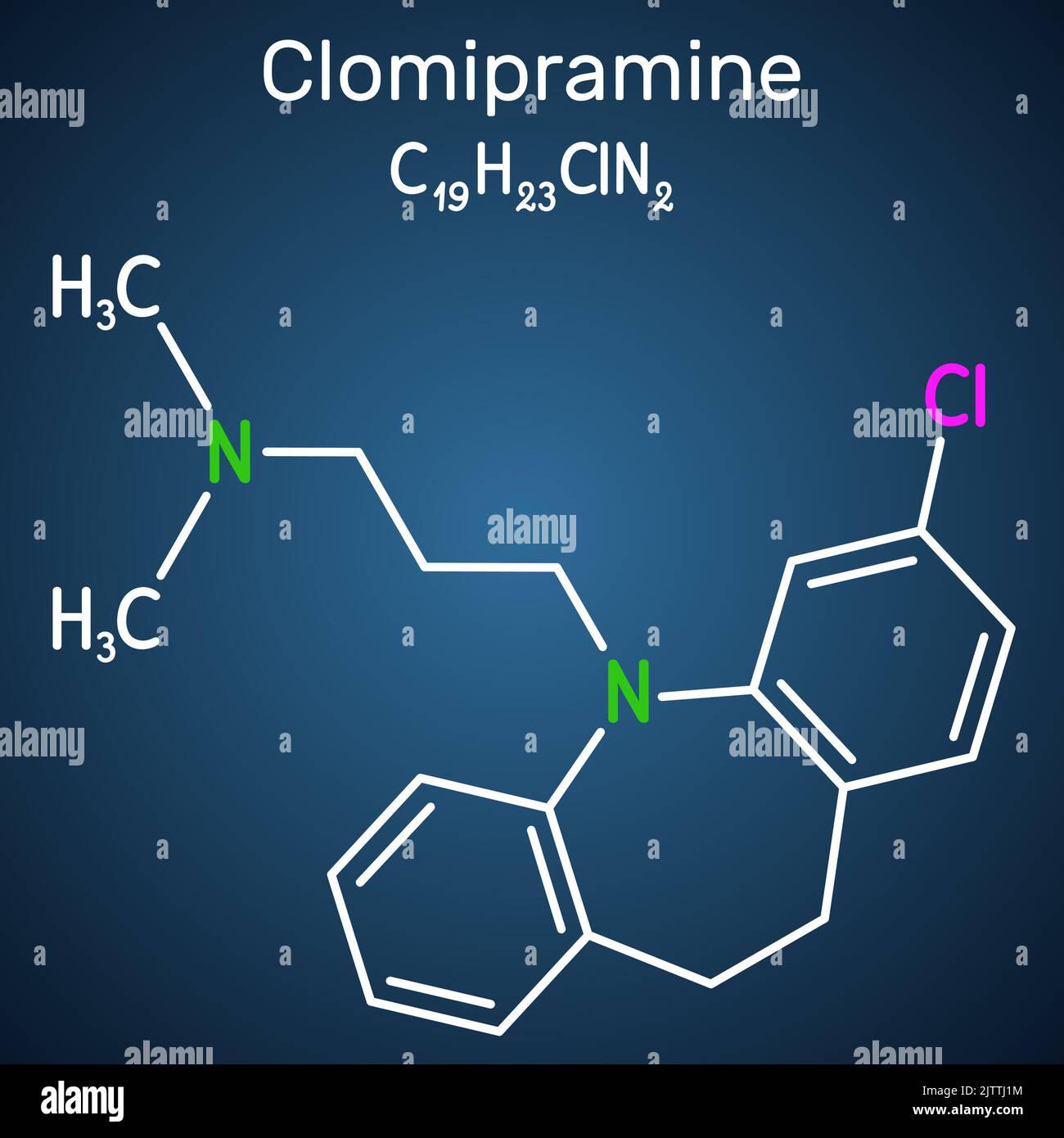 Clomipramine molecule. It is tricyclic antidepressant used in the ...