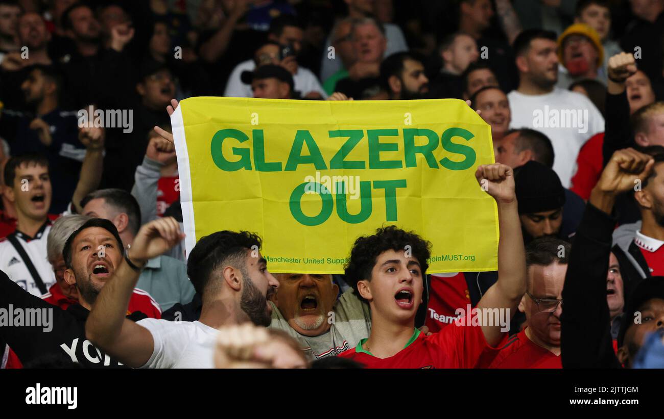 Leicester, England, 1st September 2022. Manchester Utd fans with a ...