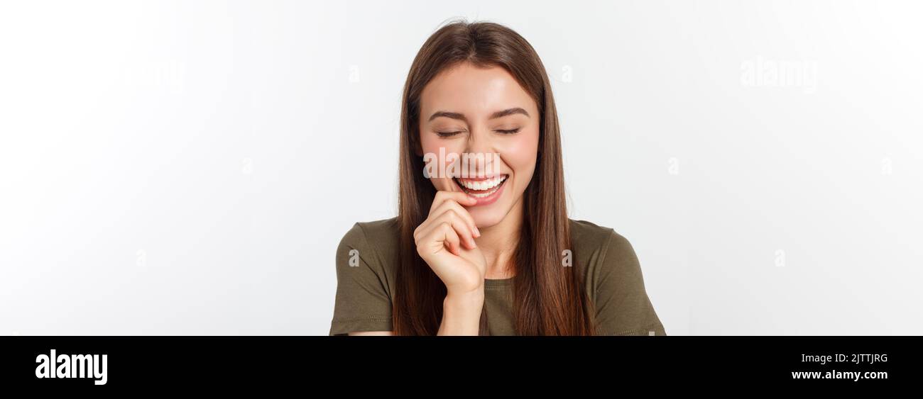 Portrait joyful outgoing woman likes laugh out loud not hiding emotions ...