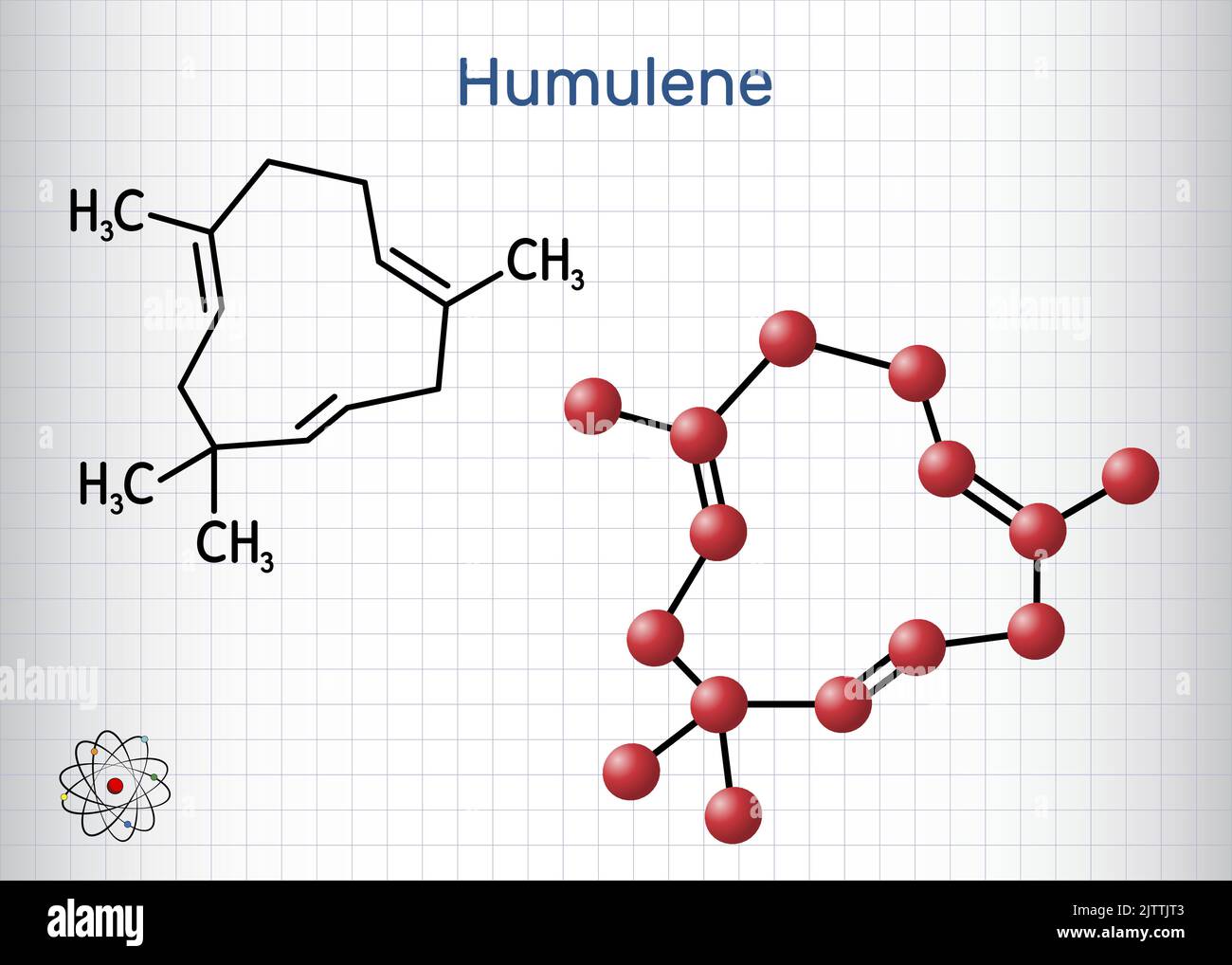 Humulene, alpha-humulene or α-caryophyllene molecule. It is component ...