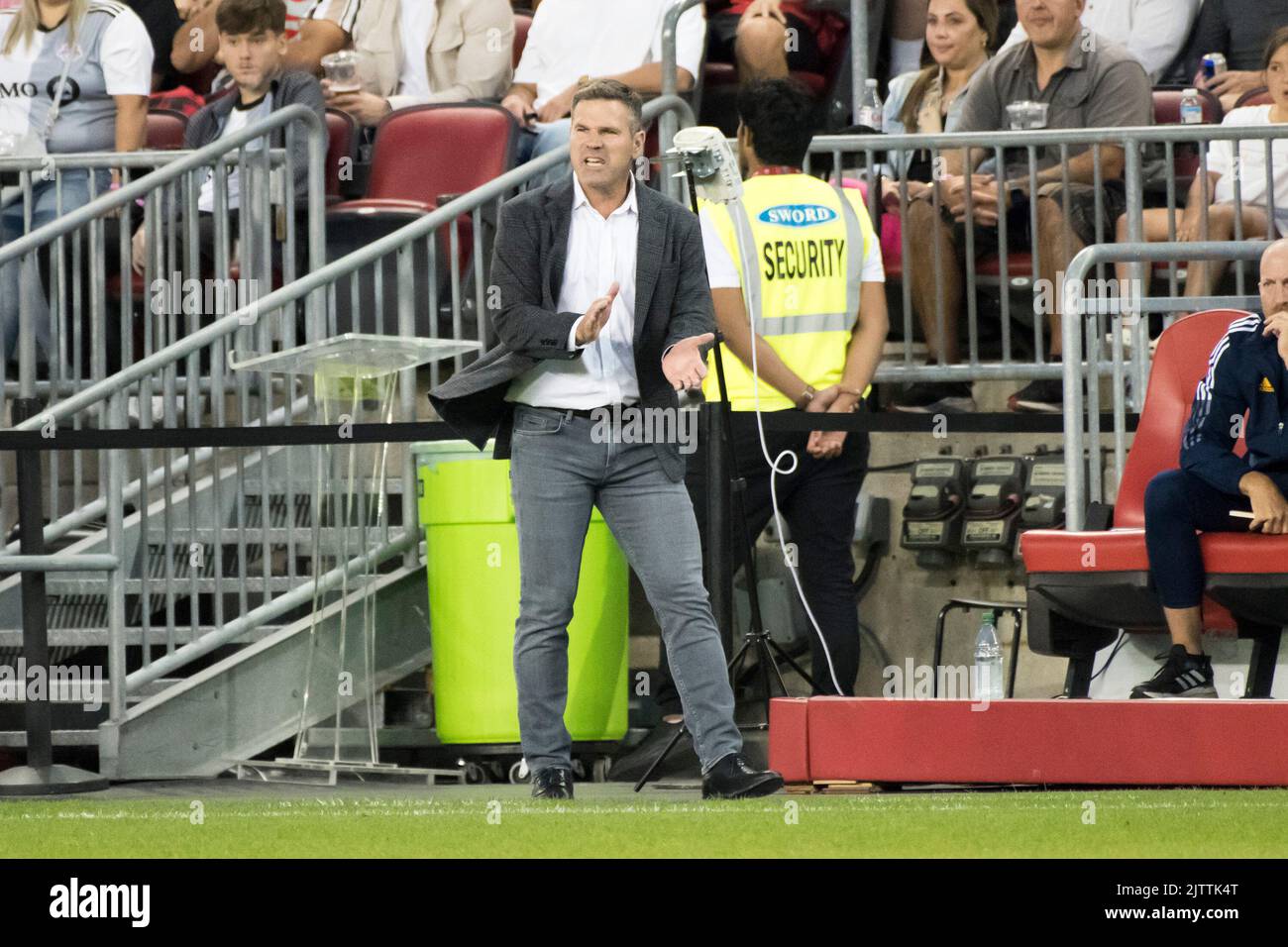 Toronto, Canada. 31st Aug, 2022. LA Galaxy coach Greg Vanney watches ...