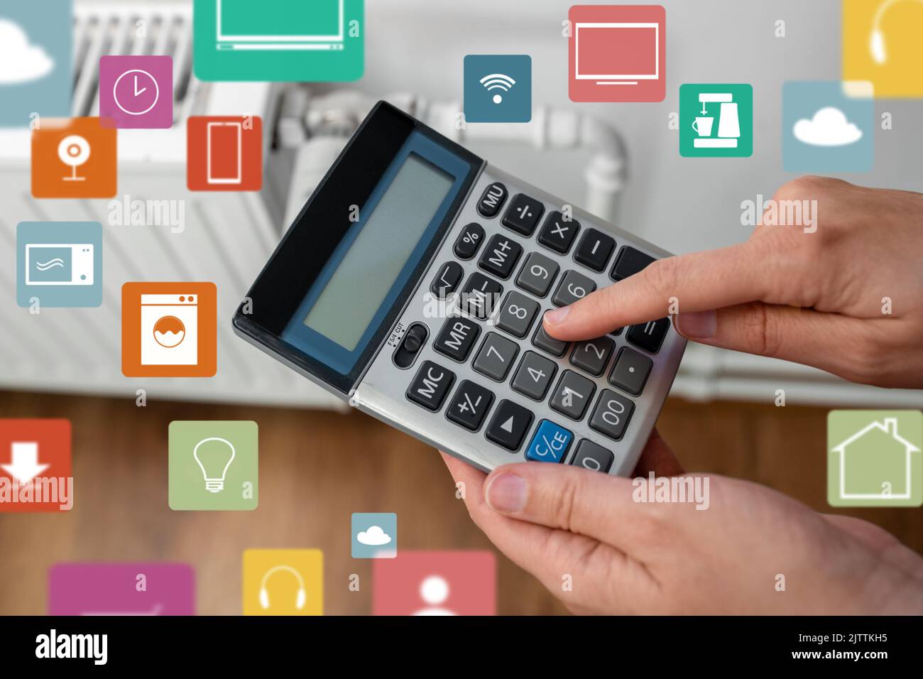 hands with calculator and icons of home appliances Stock Photo - Alamy