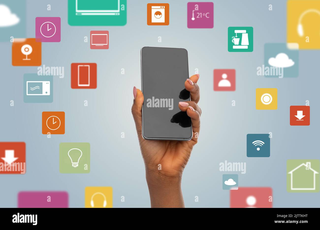 hand with smartphone over virtual mobile app icons Stock Photo - Alamy
