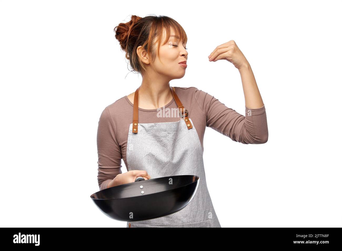 happy smiling female chef with frying pan Stock Photo - Alamy