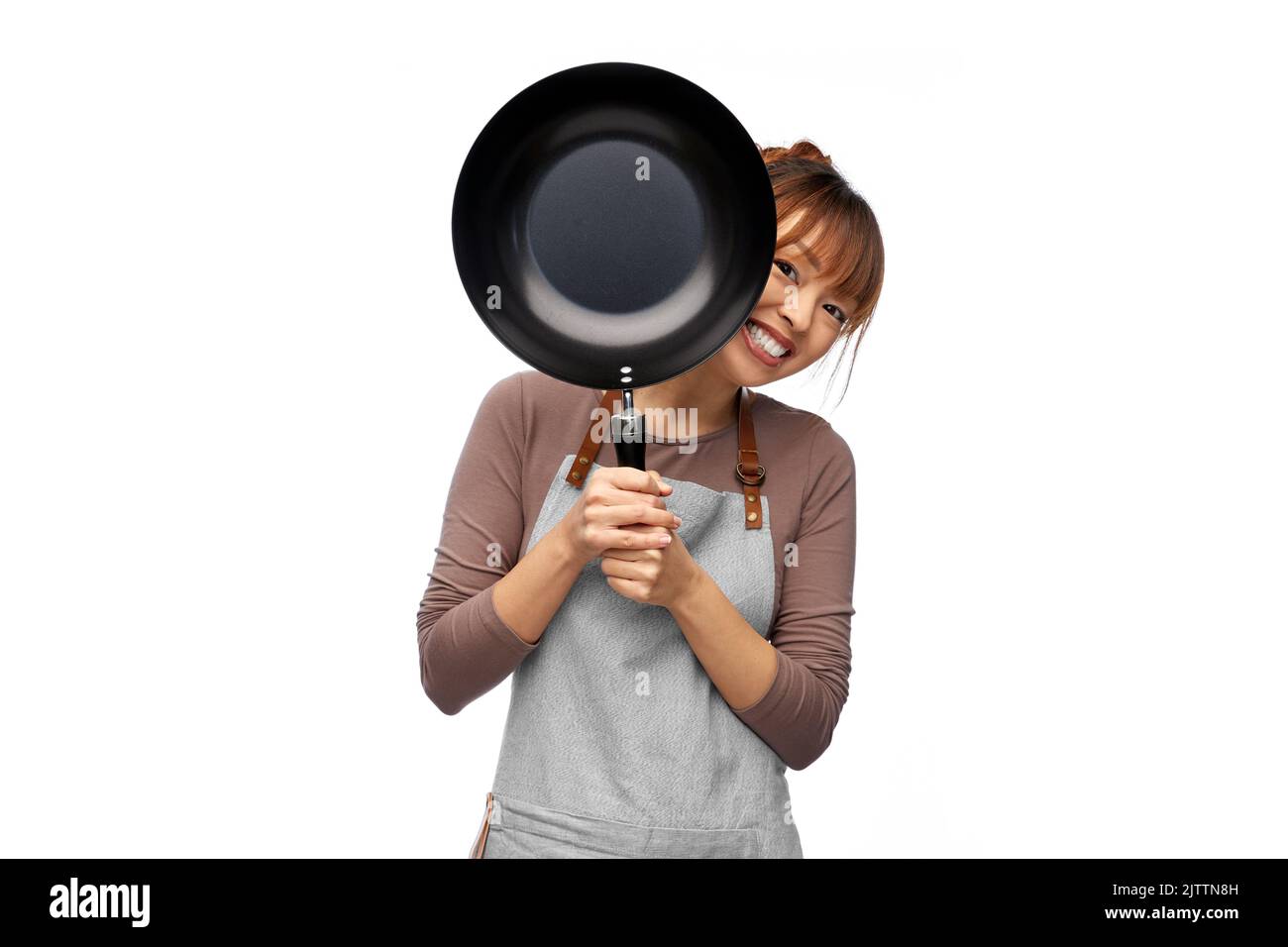 happy smiling female chef with frying pan Stock Photo - Alamy