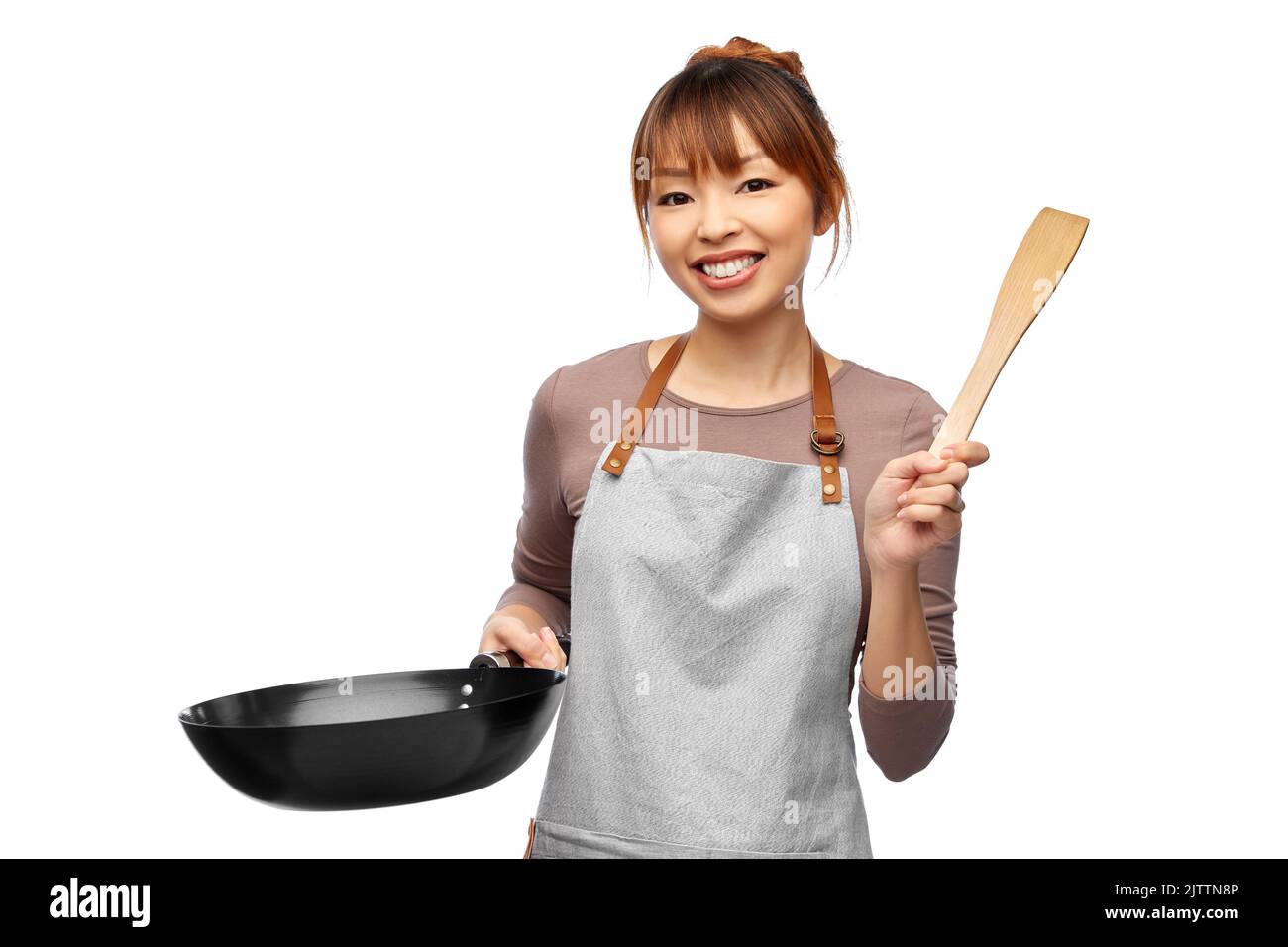 happy smiling female chef with frying pan Stock Photo - Alamy